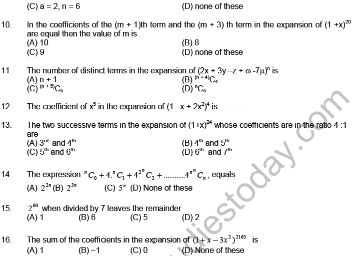 JEE Mathematics Binomial Theorem MCQs Set C with Answers